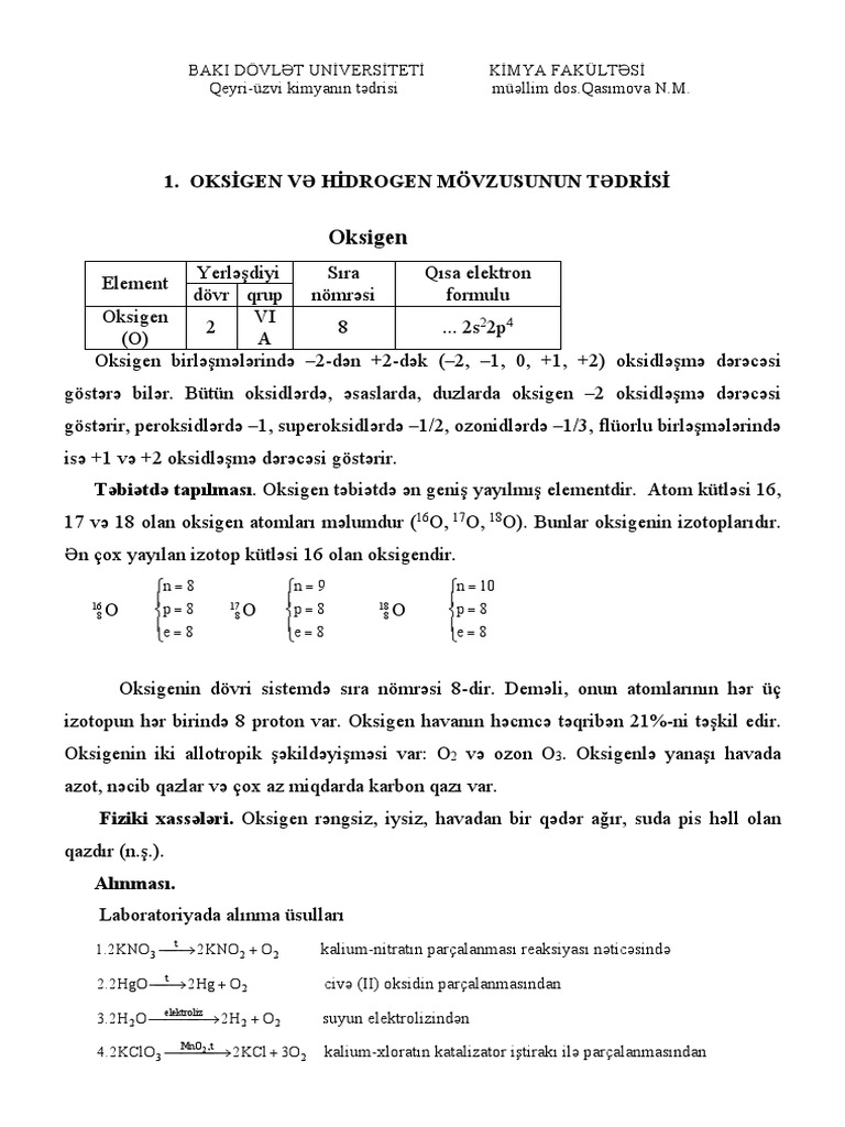 Oksigen, Hidrogen VƏ Su Mövzusunun Tədrisi | PDF