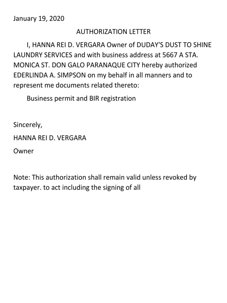 Authorization Letter With Id of The Business Owner and Representative | PDF