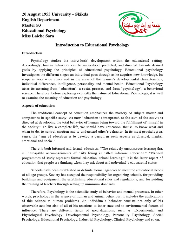 Introduction to Educational Psychology | PDF | Educational Psychology ...