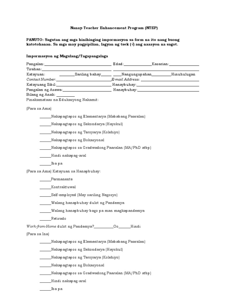 NTEP Questionnaire For AMM Pop | PDF