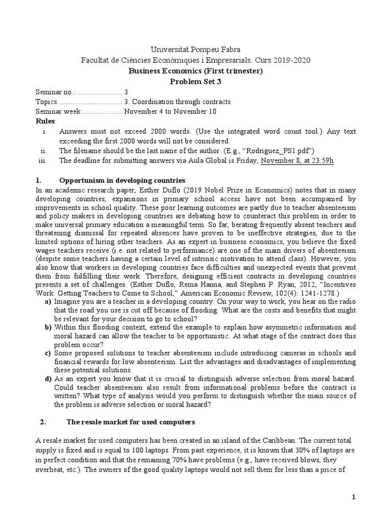 2019 20 Problem Set 3 English Pdf Adverse Selection Moral Hazard