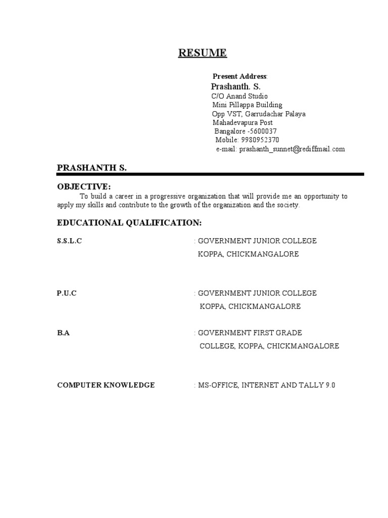 Job Seeker: Prashanth S. Resume | PDF