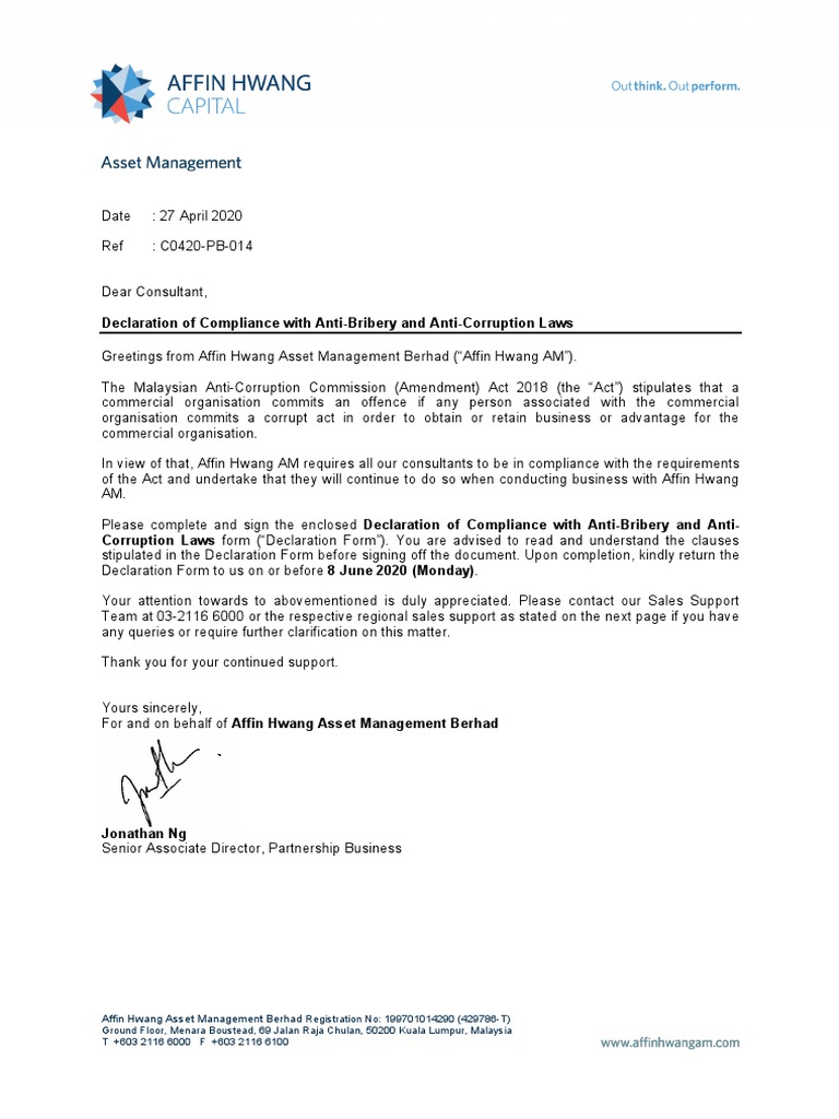 Declaration of Compliance With Anti-Bribery and Anti-Corruption Laws ...