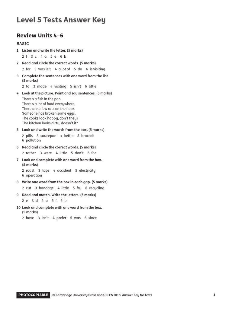 Level 5 Tests Answer Key: Review Units 4-6 | PDF