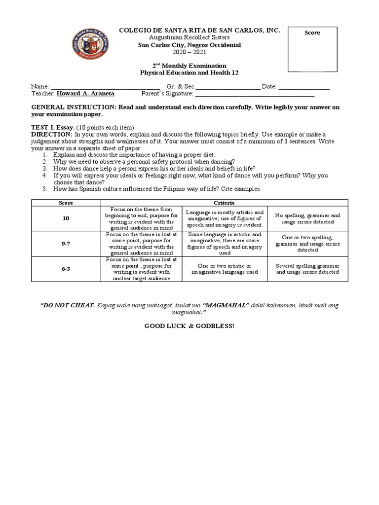 GRADE 12 PE 1st Monthly Examination | PDF | Linguistics | Cognitive Science