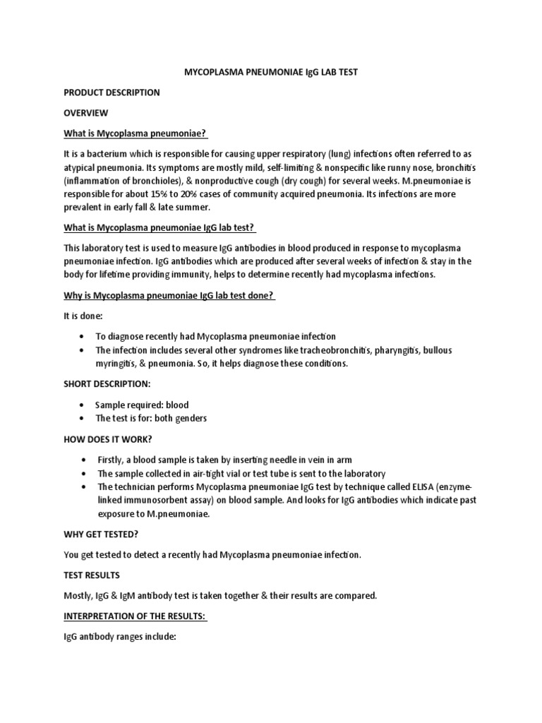 MYCOPLASMA PNEUMONIAE IgG LAB TEST | PDF | Pneumonia | Infection