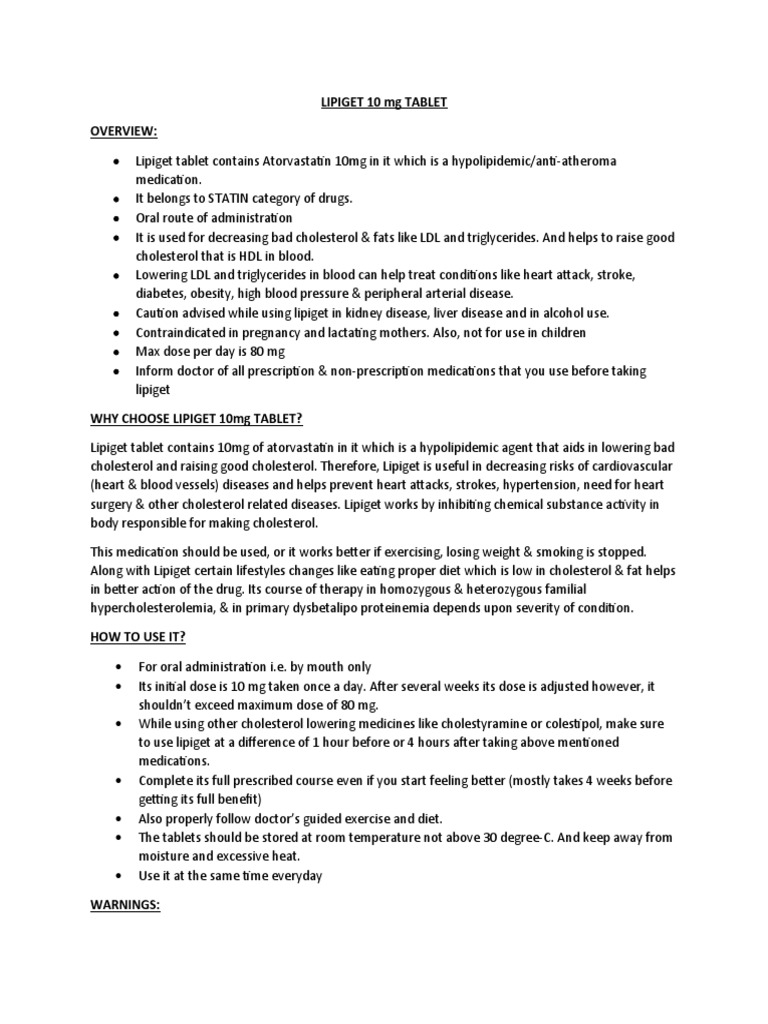 LIPIGET 10 MG TABLET | PDF | Cholesterol | Drugs