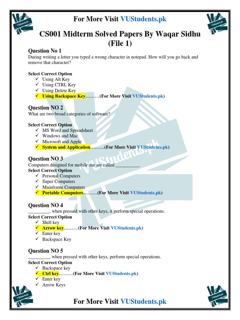 CS001 Midterm Solved McQs Papers by Waqar Sidhu | PDF | Icon (Computing) | Computer Keyboard