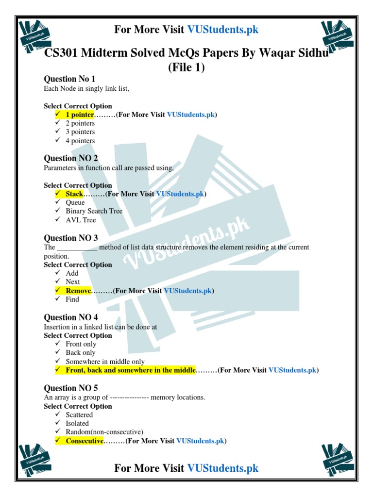 Cs301 Midterm Solved Mcqs Papers By Waqar Sidhu Pdf Subroutine Pointer Computer Programming