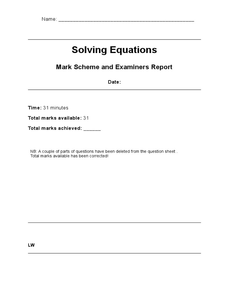 Solving Equations: Mark Scheme and Examiners Report | PDF | Equations ...