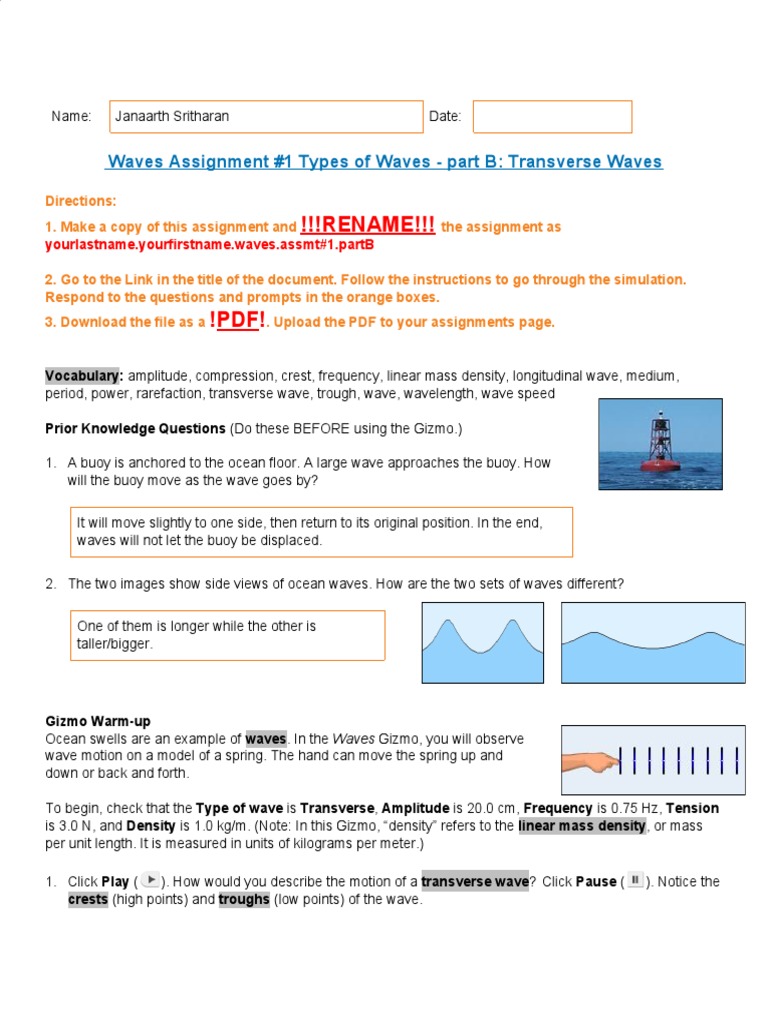 !!!RENAME!!!: Waves Assignment #1 Types of Waves - Part B: Transverse ...