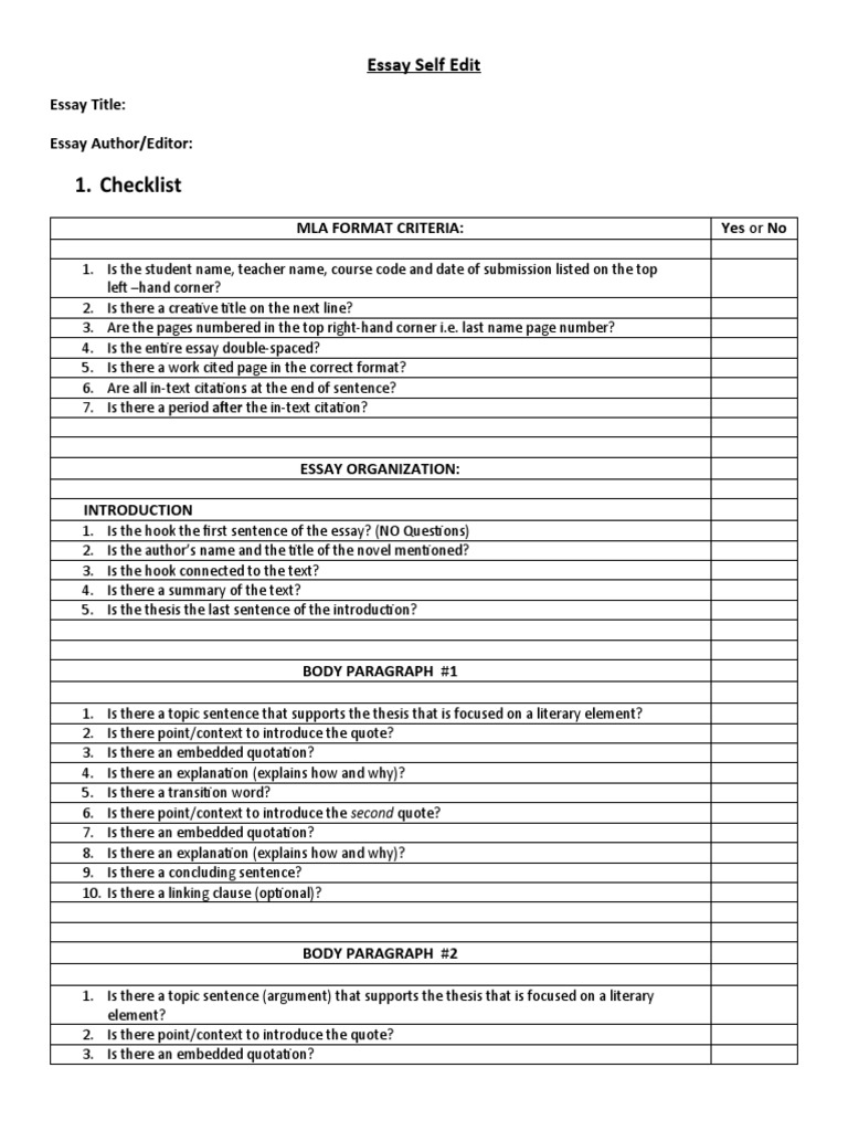 Self-Editing Checklist for Essays | PDF | Essays | Sentence (Linguistics)