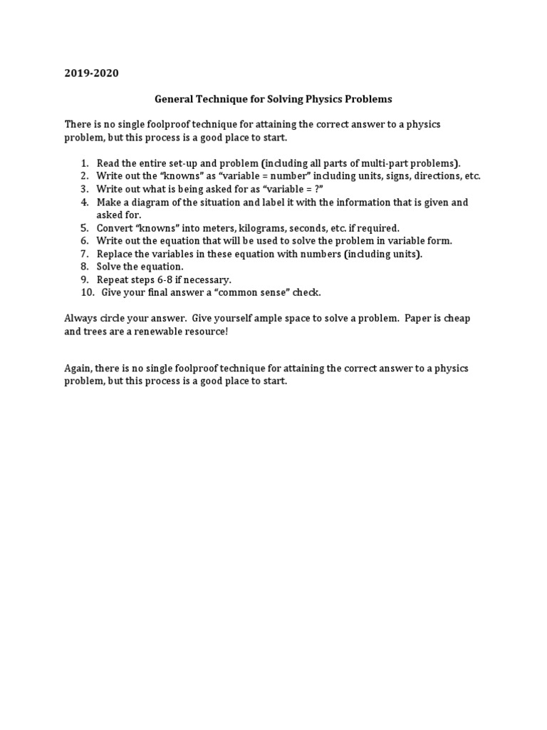2019-2020 General Technique For Solving Physics Problems | PDF