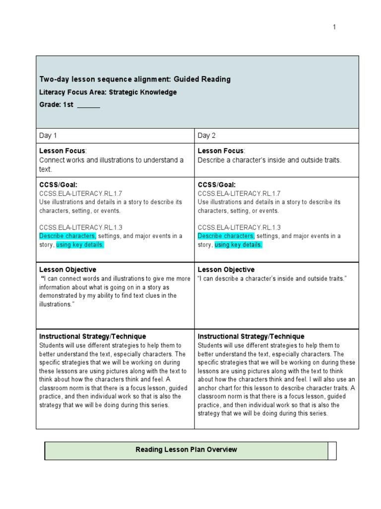 Two-Day Lesson Sequence Alignment: Guided Reading: Literacy Focus Area ...