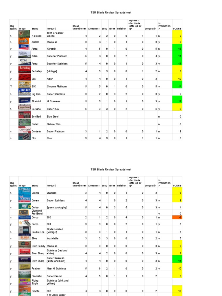 TSR Blade Review Spreadsheet - DE Blade Scores | PDF