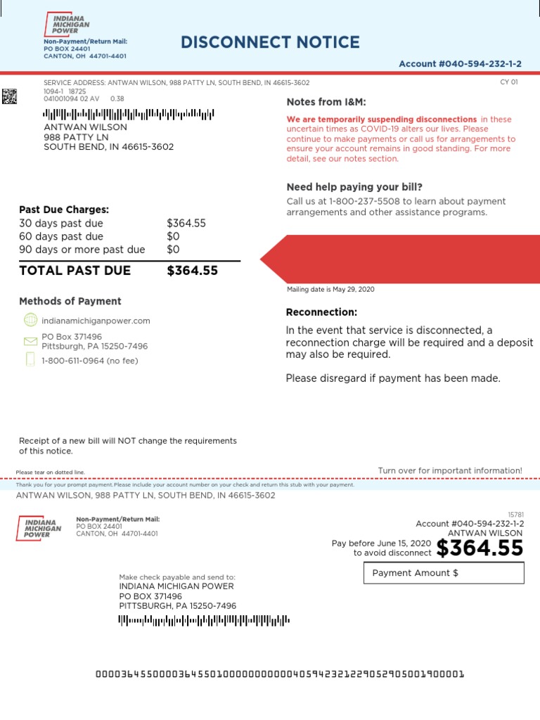 Disconnect Notice: Total Past Due $364.55 | Download Free PDF | Cheque | Debit Card