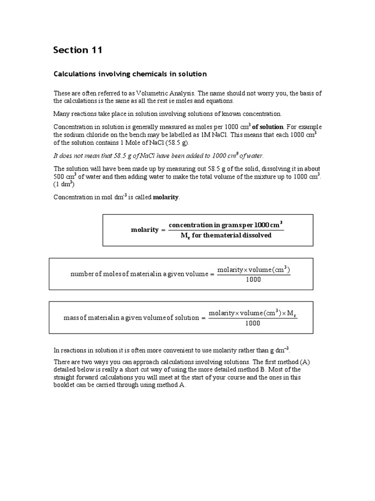 Molarity Calculations in Solutions | PDF | Molar Concentration | Mole ...