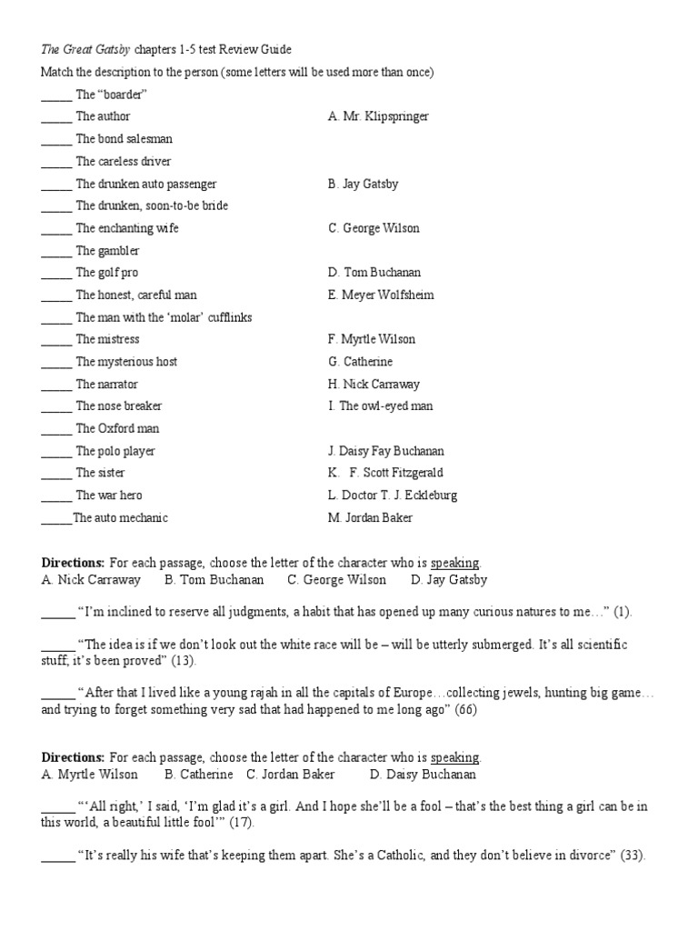 The Great Gatsby Ch. 1-5 Quiz Review Guide | PDF | The Great Gatsby ...