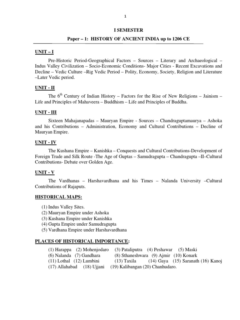 I Semester Paper - 1: History of Ancient India Up To 1206 Ce Unit - I ...