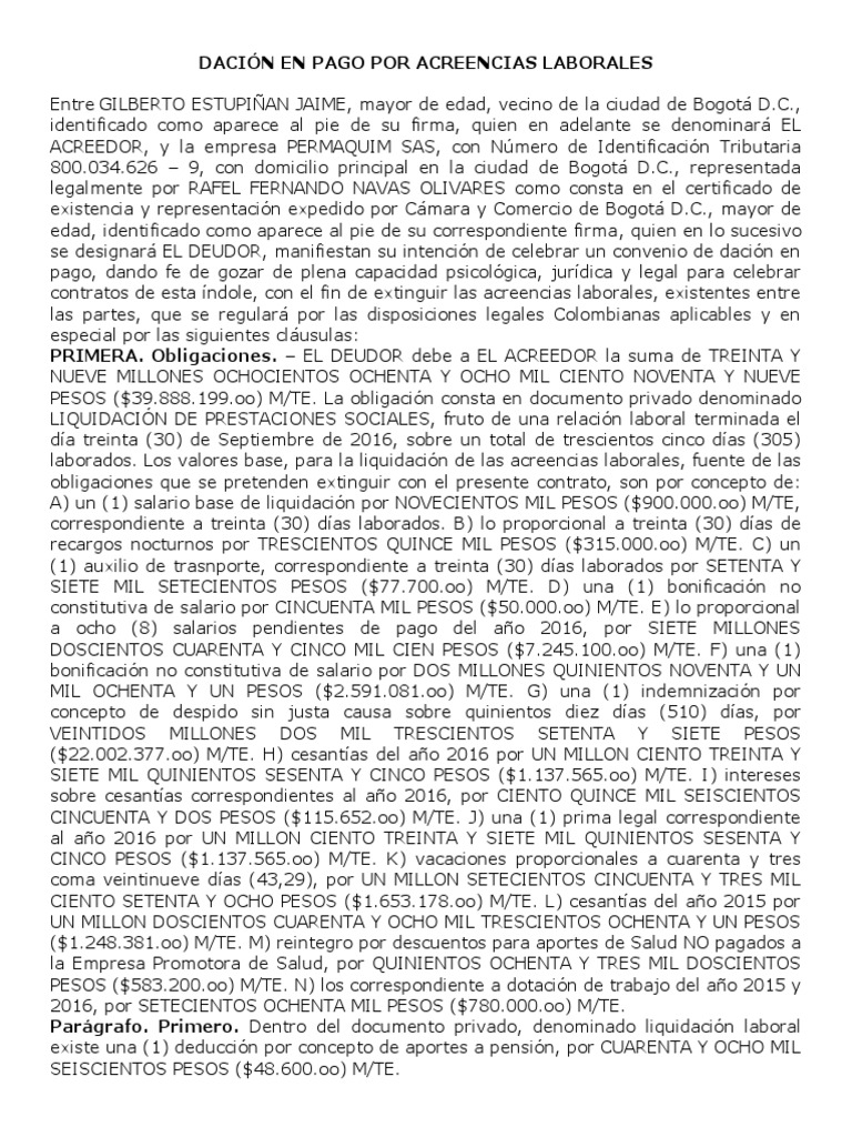 Acuerdo de Dación en Pago | PDF | Pagos | Derecho empresarial