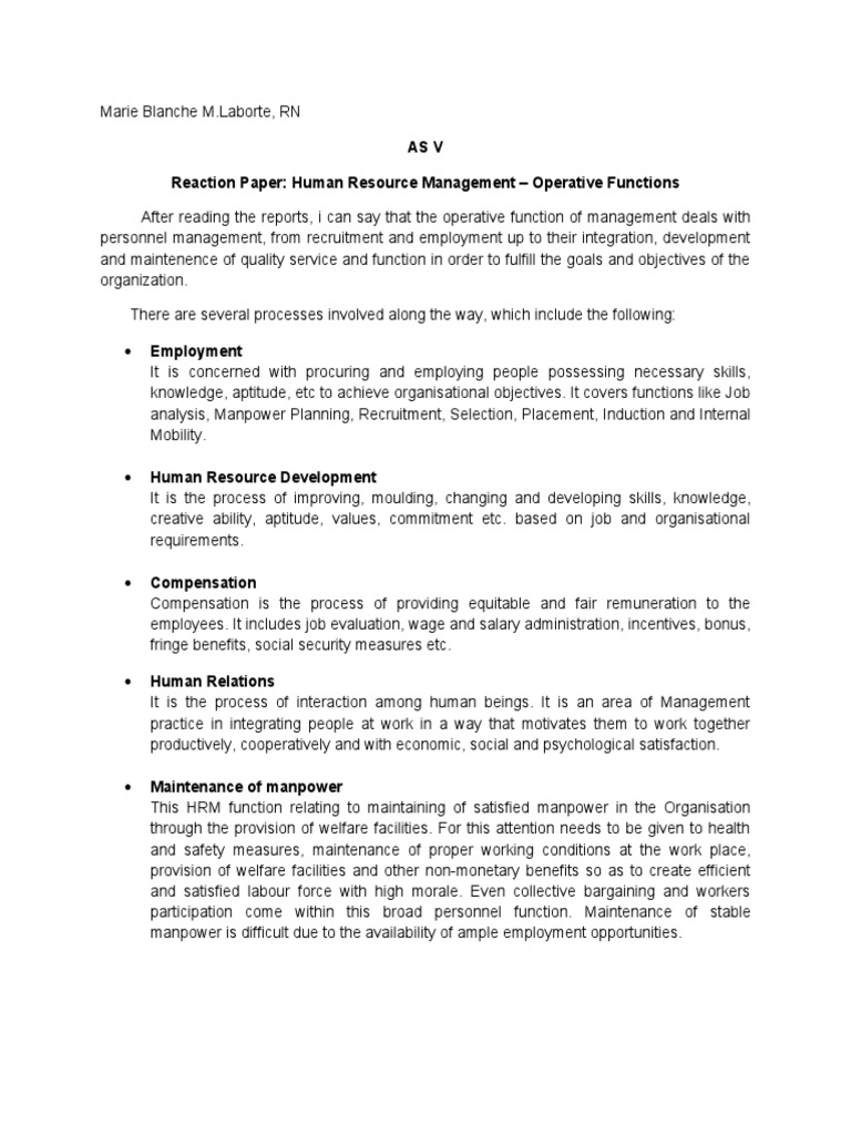 Reaction Paper 2 - Operative Functions | PDF | Human Resources | Human ...