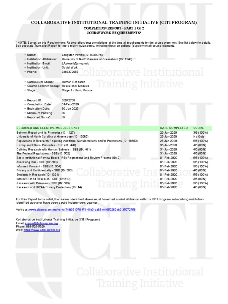 Citi Training Completion | PDF | Institutional Review Board | Medical ...