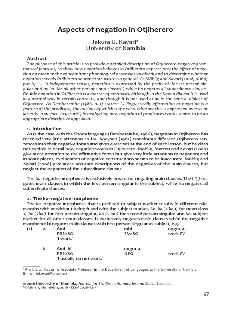 Aspects of Negation in Otjiherero | PDF | Grammatical Tense | Tone ...