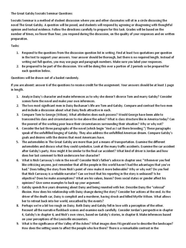 The Great Gatsby Socratic Seminar Questions | PDF | The Great Gatsby ...