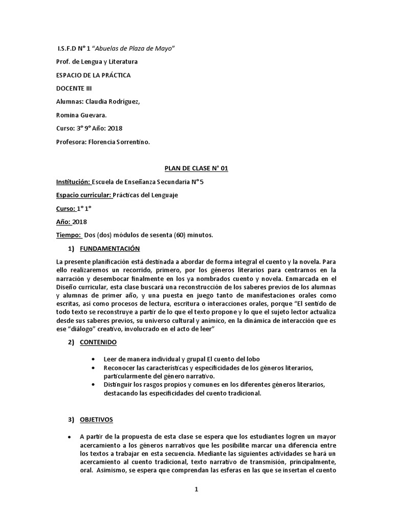 Clase para 1° Año Prácticas Del Lenguaje | PDF | Cuentos | Novelas