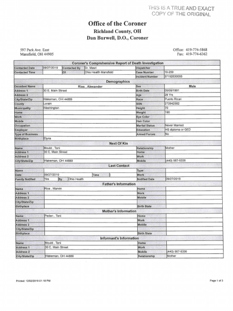 Alexander Rios - Coroner's Report | PDF