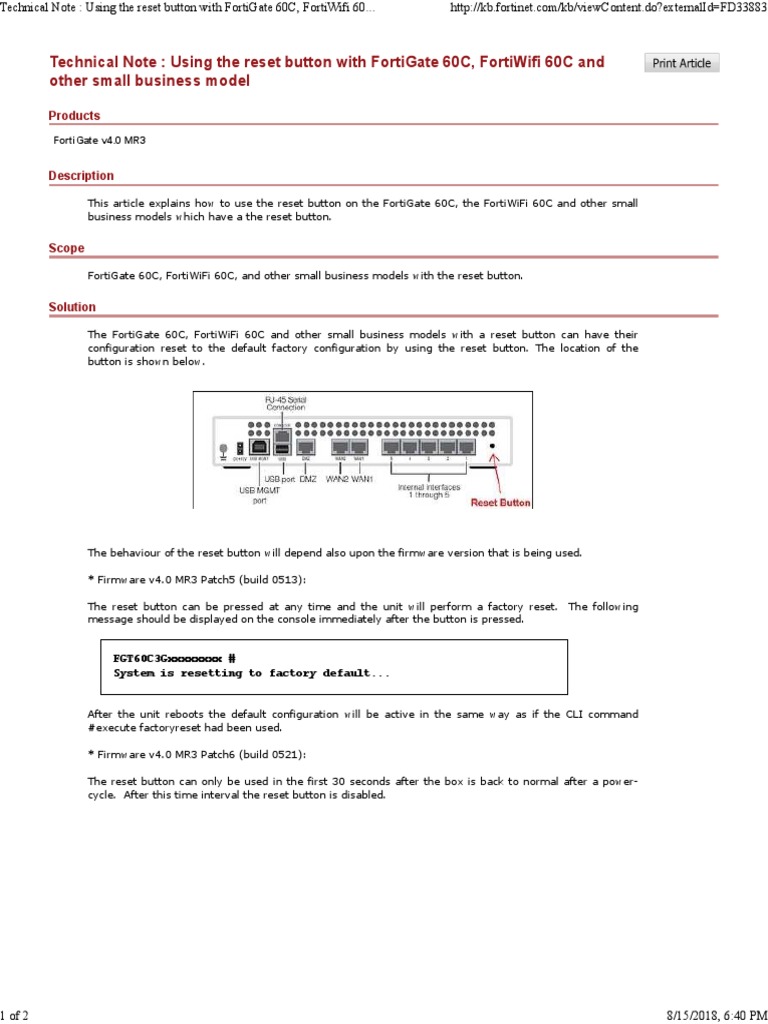Technical Note - Using The Reset Button With FortiGate 60C, FortiWifi 60C and Other Small ...
