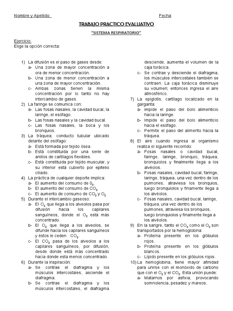 Evaluacion Multiple Choice. Respiratorio | PDF | Sistema respiratorio ...