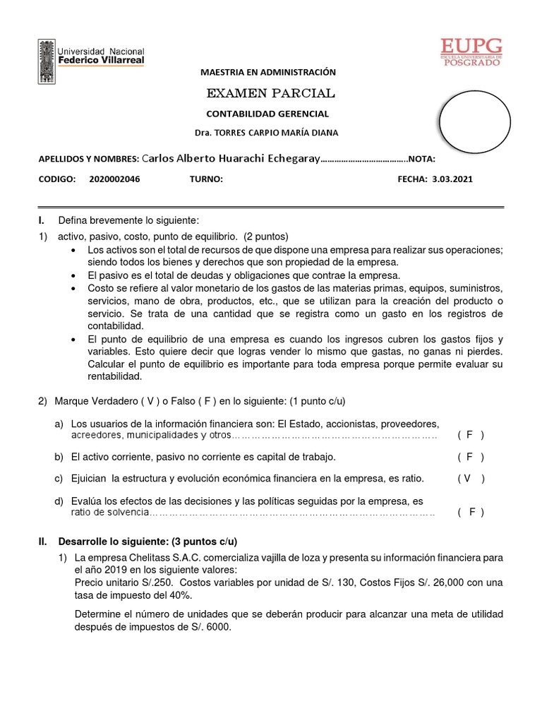 Examen Parcial de Contabilidad Gerencial Huarachi | PDF | Empresas | Contabilidad