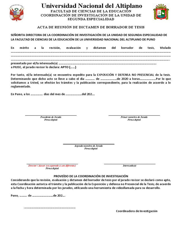 Acta de Reunion de Dictamen de Borrador - Piuse V2.0 | PDF