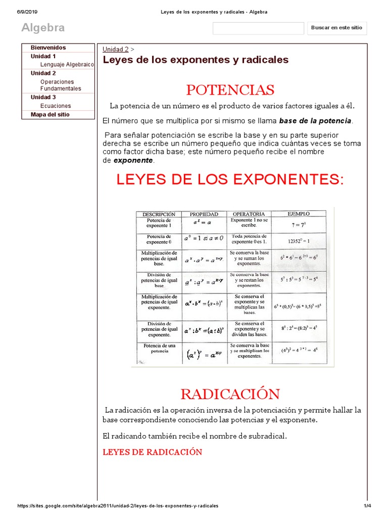 Leyes de Los Exponentes y Radicales - Algebra | PDF | Exponenciación ...