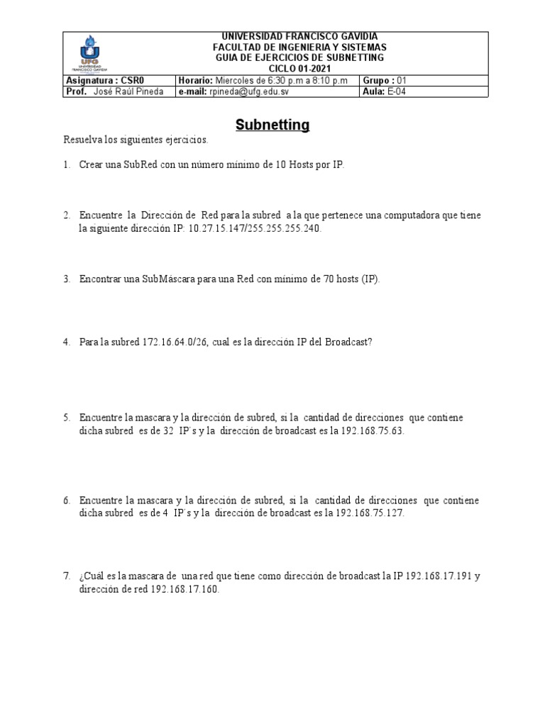 Guía de Ejercicios de Subnetting | PDF | Dirección IP | Telecomunicaciones