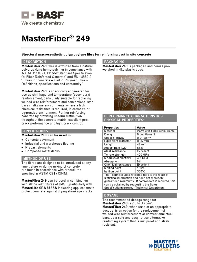 Masterfiber 249: Description Packaging | PDF | Fibers | Concrete