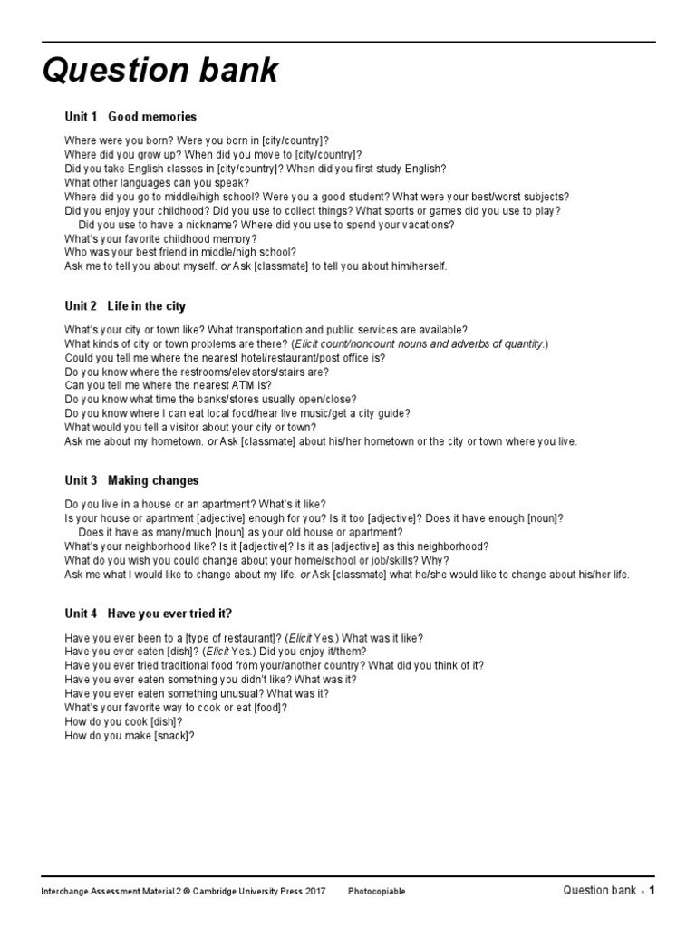 Question Bank: Unit 1 Good Memories | PDF | Adjective | Foods