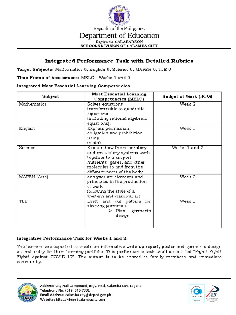 Department of Education: Integrated Performance Task With Detailed ...