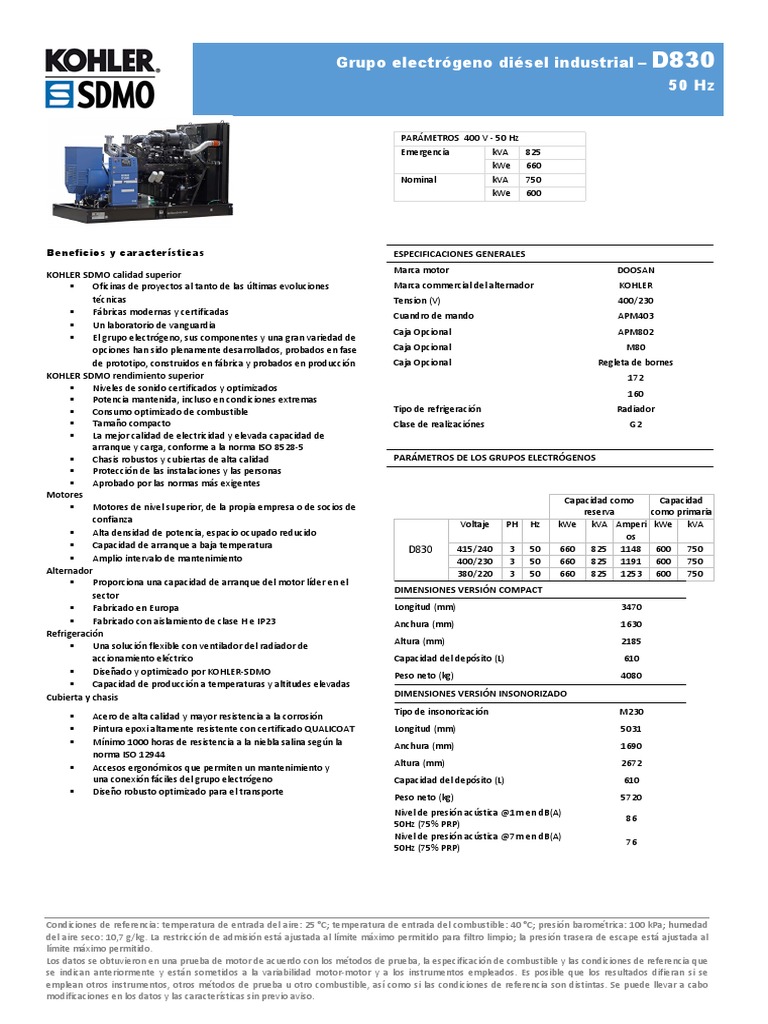 D830 Kva Kohler SDMO Doosan DP222LC | PDF | Turbocompresor | Cantidad