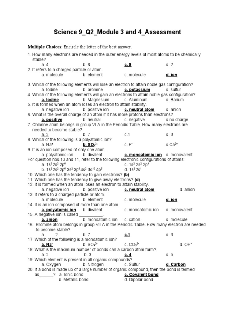 Science 9 - Q2 - Module 3 and 4 - Assessment: Multiple Choices ...