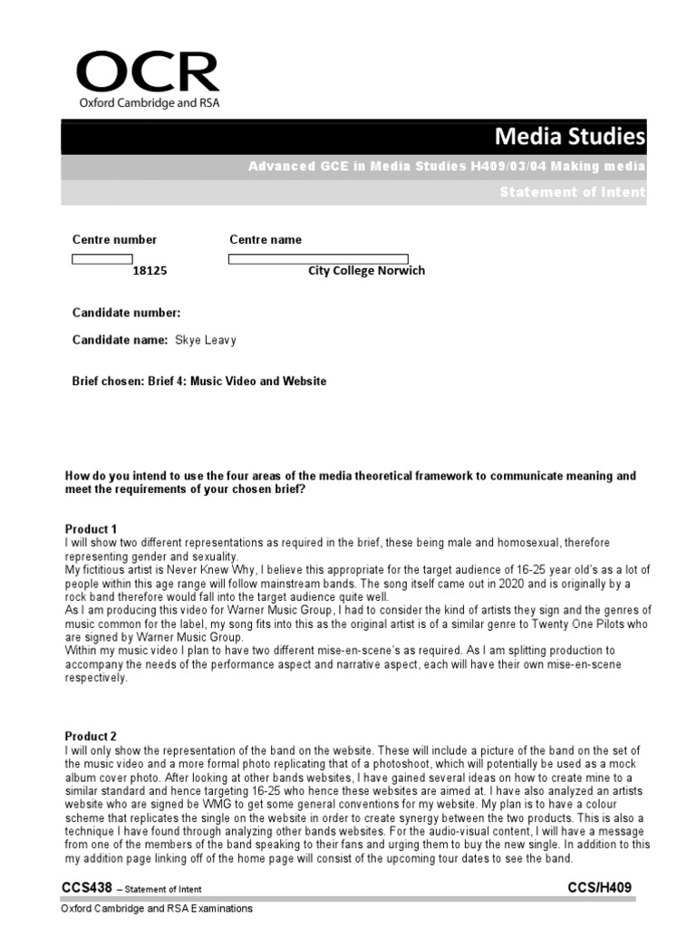 A Level Media Studies Statement of Intent Form Ocr | PDF ...