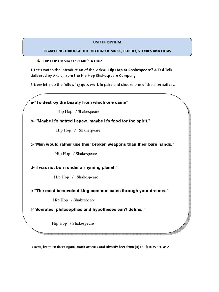 Rhythm Hip Hop or Shakespeare Quiz 2020 - 1 | PDF
