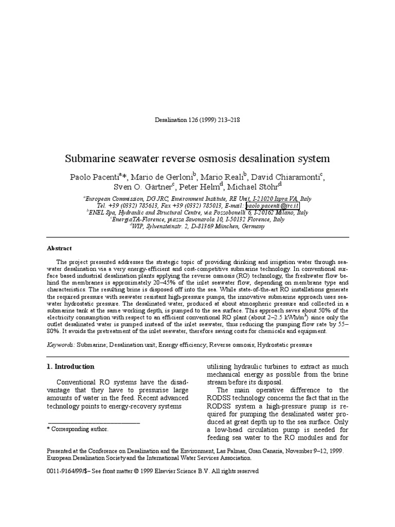 Submarine Seawater Reverse Osmosis Desalination System | PDF ...