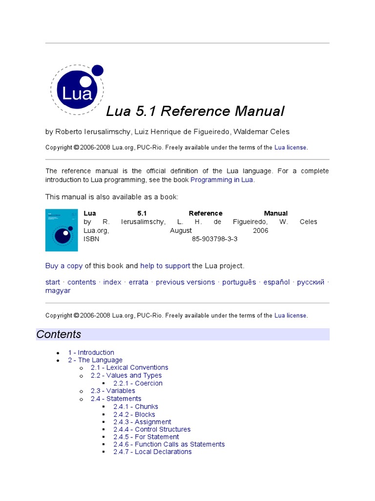Lua 5.1 Reference Manual | PDF | Control Flow | Data Type
