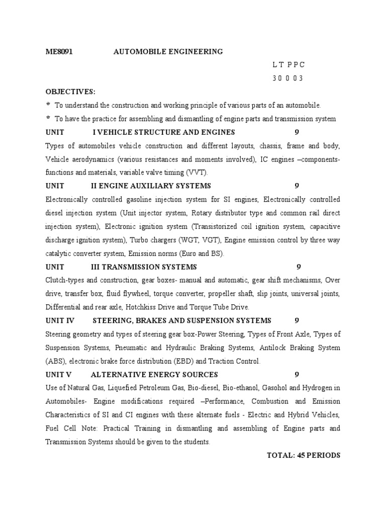 Automobile Engineering Syllabus | PDF | Engines | Transmission (Mechanics)