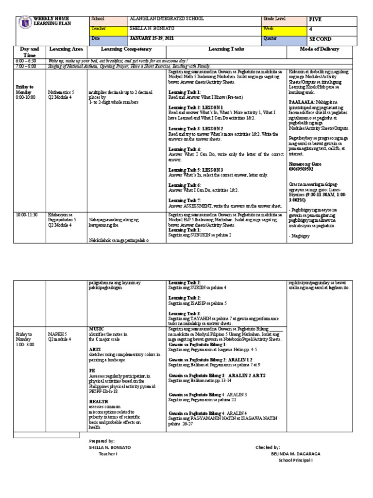 WHLP - Grade 5 (Q2 Week 4) | PDF
