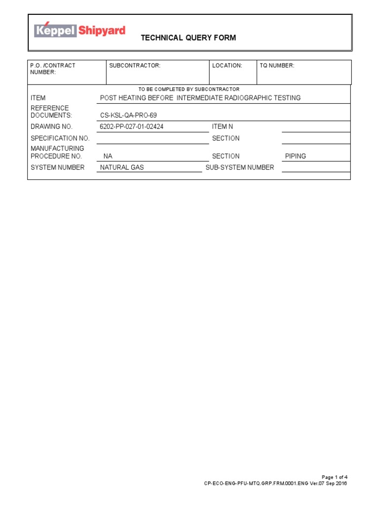 Technical Query Form: P.O. /contract Number: Subcontractor: Location ...