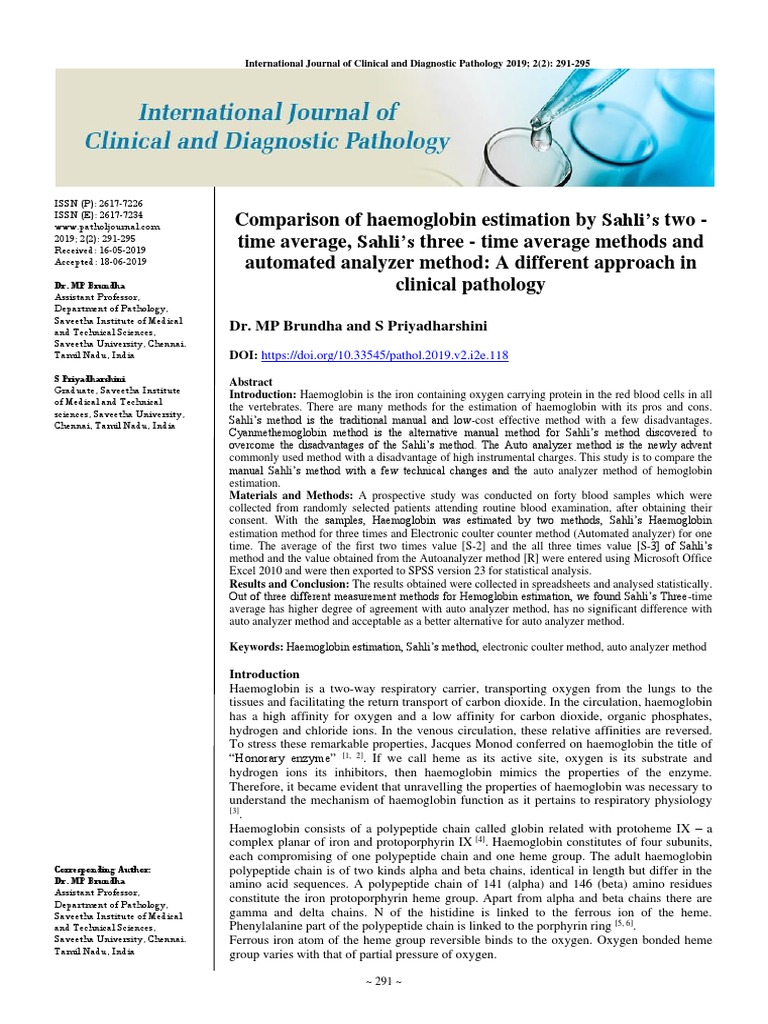 Comparison of Hemoglobin Estimation Methods | PDF | Hemoglobin | Chemistry