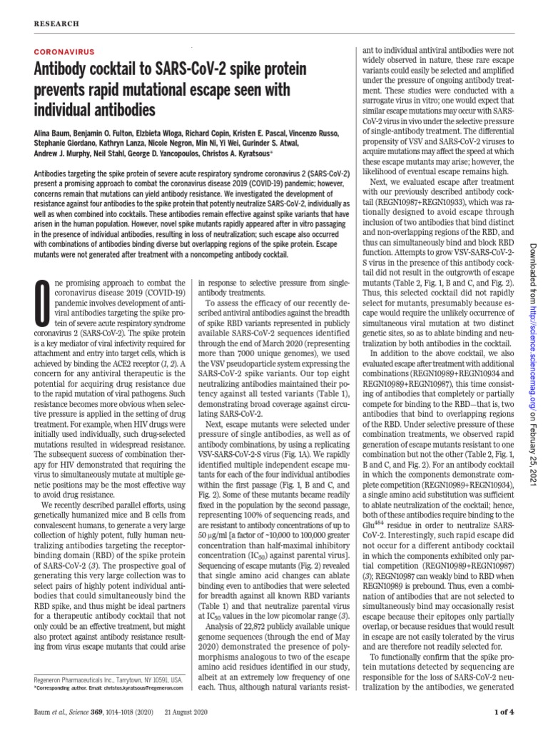 Antibody Cocktail Regeneron To SARS-CoV-2 Spike Protein Prevents Rapid ...